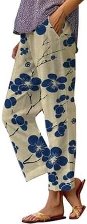 Generic Pantalon Femme Large Fluide Ete en Lin pour Pantalon D&eacute;contract&eacute; en Coton et Lin pour Femme avec Cordon De Serrage Poches Motif D&eacute;contract&eacute; Ample et Y