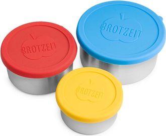 Brotzeit Dreierlei Lunchbox 3er Set aus Edelstahl mit Silikondeckel, Rot/Blau/Gelb, 13 x 13 x 6 cm