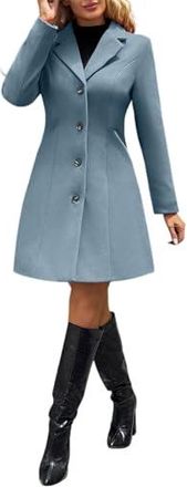 Generic Manteaux en laine pour femme automne-hiver habill&eacute;, mi-long &agrave; revers crant&eacute; simple boutonnage, trench-coat d&eacute;contract&eacute;, bleu, XXL
