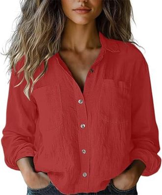 Generico Chemise Femme &Eacute;l&eacute;gant &agrave; Manches Longues Chemisier en Lin Coton Curvy Respirant Chemises Col en V Mode T Shirt Vintage Imprim&eacute; avec Boutons Doux Blouse