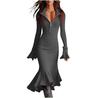 Generic Robe en tricot &agrave; manches cloches et fermeture &eacute;clair quart pour femme - Style queue de poisson moulante &agrave; manches longues, id&eacute;ale pour lautomne, les l