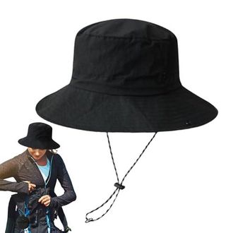 Generic Chapeau bob pour femme - Protection solaire | Sangle réglable coupe-vent pour rencontres, randonnée, voyage, pêche, trajet, pique-nique, Noir, L