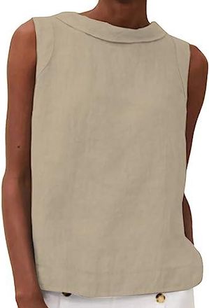 Generic HUIFUAO - Débardeur dété en coton et lin pour femme - Blanc - Rayures basiques - Débardeur sans manches pour femme, A01 kaki., 3XL