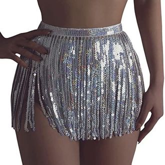 Generic Jupes scintillantes pour femme - Mini jupe noire &agrave; paillettes brillantes pour bikini, style d&eacute;contract&eacute;, taille r&eacute;glable, jupe de danse, carnaval, &eacute;ch