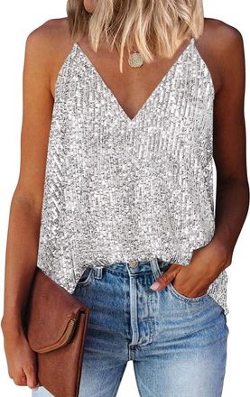 EUDOLAH Ärmellose Damen Unterhemden mit Pailletten schimmerndes Oberteil Glitzer Top Tanktops Party Tunika Glitzerbluse, Weiss, Size 2XL