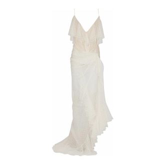 Balmain Langes flie&szlig;endes Kleid mit Spitzen-Volants - - Dresses - Damen - Wei&szlig; - XS