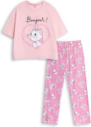 Disney Pyjama Rose à Manches Courtes et Jambes Longues pour Femme Les Aristochats Marie | Pyjama imprimé Dessin animé avec Slogan « Bonjour! » | Tenue de Nui