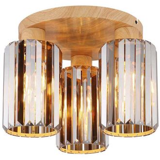 Nowa Nowa - Deckenleuchte Deckenlampe Wohnzimmerlampe 3 flammig Holzoptik Kristalle rauch