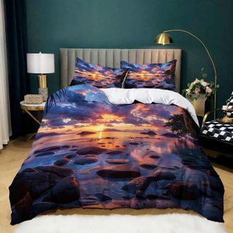 Generic Bettwäsche Steine Am Strand Bei Sonnenuntergang, Mikrofaser Polyesterfaser Bettbezüge 200 x 200 cm mit Reißverschluss - Schlafzimmer Dekor für Kinder 