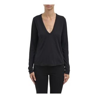 James Perse T-shirt &agrave; manches longues et col en V profond - Femme - Tops - Noir - Taille: 42 FR