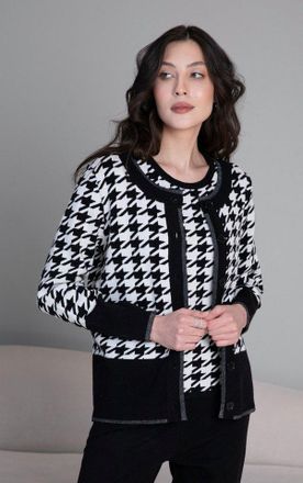 Passioni Strickjacke Twinset in Ecru und Schwarz im klassischen Hahnentrittmuster