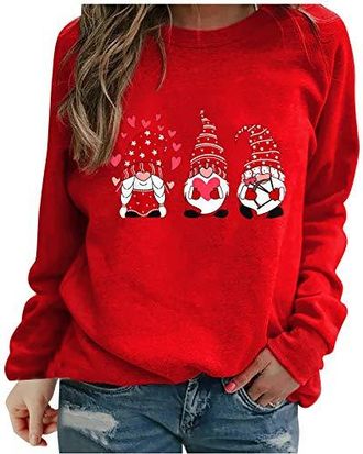 Generic Sweat-shirt à col rond pour femme - Sweat-shirt décontracté pour la Saint-Valentin - Imprimé coeur - Coupe ample - Rouge - Grande taille - Pull à manc