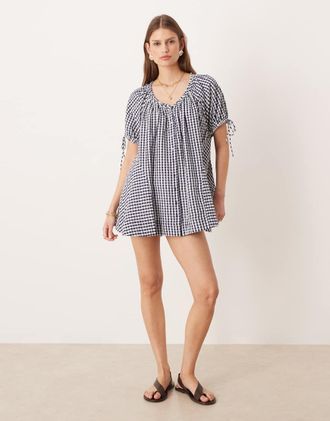 Free People Farley - Robe tunique &agrave; carreaux vichy - Bleu marine combo