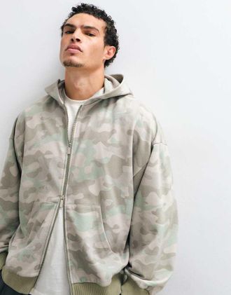 Collusion Zip-Hoodie in Military-Muster mit Waschung-Gr&uuml;n