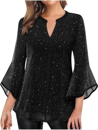 Generic Haut à paillettes pour femme - Col en V - Manches 3/4 à volants - Chemisier ample et scintillant - Style décontracté - Pour sortir, fête, Noir, XXL