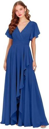 Generic Robe de demoiselle dhonneur en mousseline de soie &agrave; col en V pour femme, robe de soir&eacute;e formelle &agrave; manches flottantes avec fente, bleu marine, 54 Gran