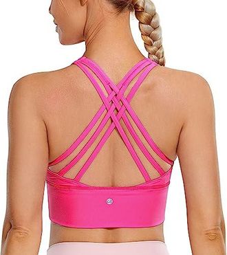 CRZ YOGA Soutien-Gorge de Sport Long Dos Croisé pour Femme, Haut de Yoga Fitness, Rembourré sans Fil Hibiscus Violet L