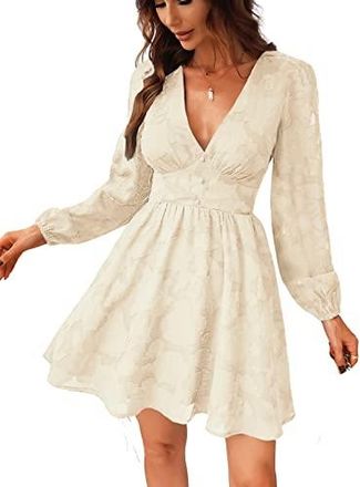Cupshe Mini robe en dentelle à manches longues pour femme - Imprimé floral - Robe trapèze - Robe de soirée moulante - Ivoire A S