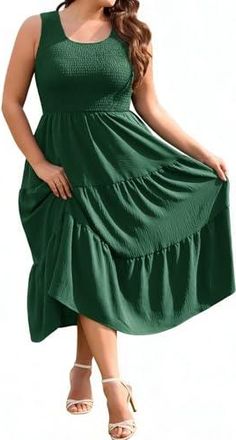 Heekpek Robe Grande Taille Femme sans Manche Robe Ete Femme Mi Longue Fluide Chic et Elegant Col U A-Line L&eacute;g&egrave;re Robes &agrave; Poches, Vert fonc&eacute;, 4XL
