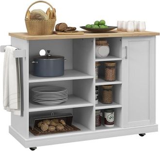 HOMCOM Desserte &icirc;lot de Cuisine, Desserte &agrave; roulettes, Chariot de Cuisine, 7 Compartiments Ouverts, 1 Placard 1 Porte, 129 x 51 x 93 cm, Bois et Blanc