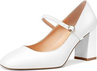 Castamere Femme Mary Jane Escarpins Bout Carré Bloc Talons 7.5CM High Heels Pumps Blanc Satin Chaussures EU 38