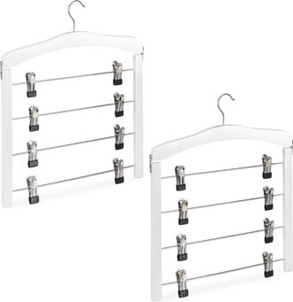 Relaxdays Rockbügel mehrfach, 2er Set, platzsparend, 360° drehbarer Haken, Clipbügel für Hosen & Röcke, Holz, weiß