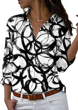 Onsoyours Chemisier Femme Blouse Manches Longues Boutons Haut Tops Papillon Floral Imprimé Chemise Femmes Chic Col en V Blouse Shirt Tunique Multicolore F Blanc