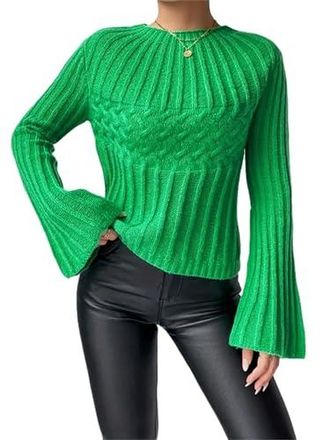 Generic Haut court &agrave; manches cloches pour femme - Tendance - L&eacute;ger - Col rond - En tricot c&ocirc;tel&eacute; - Couleur unie - D&eacute;contract&eacute; - Bordure en laitue, Vert, XL