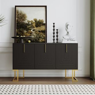 Generic Sideboard Anrichte 138 cm Schwarz Kommode mit 3-t&uuml;riges U-Design verstellbaren Regalb&ouml;den Buffetschrank in Holzwerkstoff Metallbasis L-Form Mehrzwecks