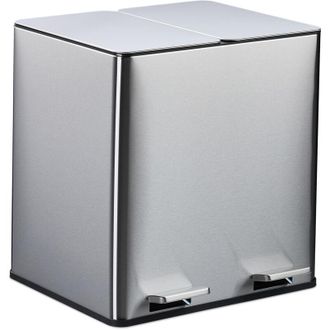 Relaxdays Relaxdays - M&uuml;lleimer 2 x 15 Liter, K&uuml;chenm&uuml;lleimer mit Geruchsfilter, Biom&uuml;ll, Absenkautomatik und Trittpedal, silber