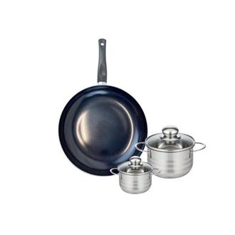 Fackelmann ELO 9719250 Batterie de cuisine 3 pièces, Ensemble de 1 Poêle de cuisson 32 cm et 2 faitouts 12 et 16 cm Elo Prima Brillant, inox, induction, Noir