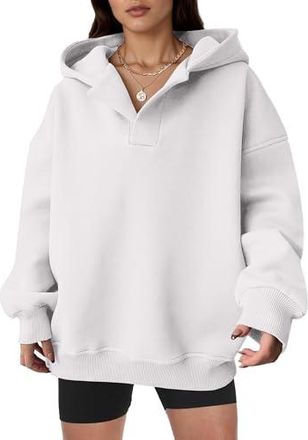Generic Sweat &agrave; capuche surdimensionn&eacute; &agrave; col en V pour femme - Pull en polaire &agrave; manches longues - V&ecirc;tements Y2K - Tenue tendance automne 2025, blanc, XXL