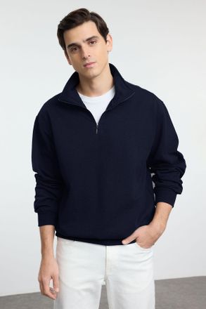 Trendyol MAN Herren Dunkelblau Slogan Lang Oversize Sweatshirts