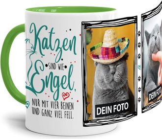 Tassendruck Tasse mit Spruch - Katzen sind wie Engel - zum Selbst gestalten mit Zwei Fotos - Geschenkidee für Katzenliebhaber, Innen & Henkel Hellgrün, 300 ml