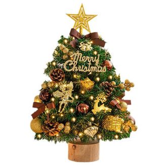 Generic Mini-Weihnachtsbaum mit warm leuchtenden Lichterketten und zahlreichen Ornamenten (Engel, Rentiere, Geschenkboxen, Tannenzapfen usw.), realistischen T