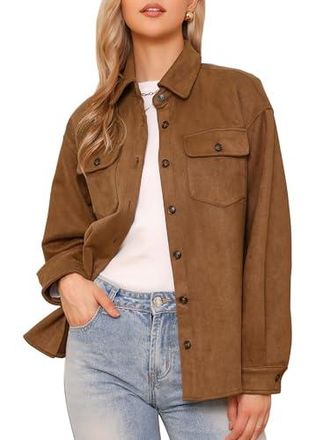 Allegra K Veste en Faux Daim Femme Col Rabattu Manches Longues Blouson D&eacute;contract&eacute;e Boutonn&eacute;e Vintage Marron M
