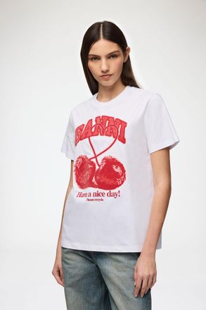 Ganni T-shirt &agrave; imprim&eacute; cerise Blanc Coton biologique - Taille M - Pour Femme