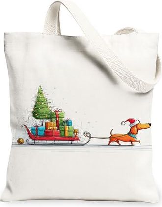 Generic Sac fourre-tout en toile pour chien de No&euml;l, motif tra&icirc;neau festif, sacs de courses r&eacute;utilisables, l&eacute;gers et lavables avec bandouli&egrave;re C, blanc, 13x15