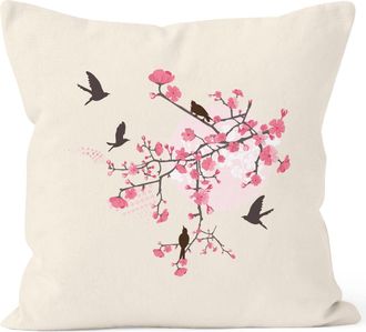 Autiga Kissenbezug Kirschbl&uuml;ten V&ouml;gel Vogel Blumen Bl&uuml;ten Flower Cherry Tree Birds 40x40 Baumwolle Natur Pullover