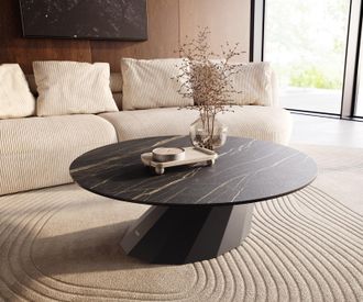 DELIFE Couchtisch Edge Rund 100x100 cm Keramik Laminam Noir Desir Braun Parabi Metall Schwarz, Couchtische