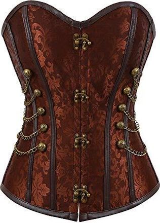 Grebrafan Steampunk Corset Bustier Acier Pirate avec Chaine (EU(42-44) 3XL, Marron)