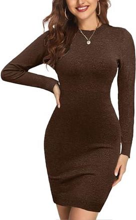 Zeagoo Robe Pull Femme Hiver Col Rond &Eacute;l&eacute;gant &agrave; Manches Longues pour Femmes D&eacute;contract&eacute;e Robe Pull Slim El&aacute;stique Robe Marron M