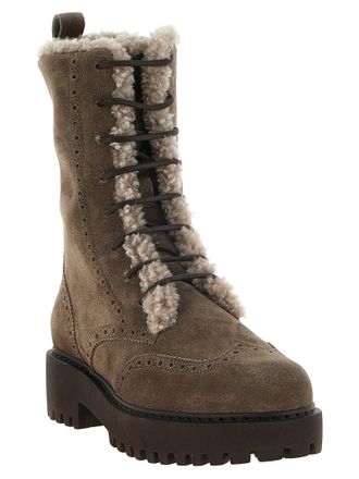 Brunello Cucinelli Suede and Shearling Brogue Boot - Taupe