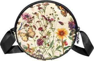 Generic Petit sac &agrave; bandouli&egrave;re circulaire pour femme, motif papillons et fleurs sauvages, sac &agrave; dos avec fermeture &eacute;clair, bretelles r&eacute;glables, sac &agrave; main ro