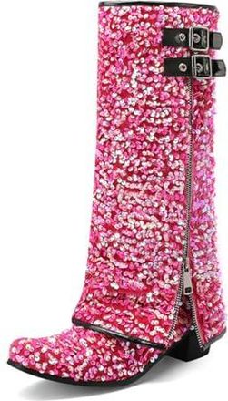 Generic Rose,37 EU,Bottes Hautes à Paillettes métalliques pour Femmes, Talons épais, Cuissardes avec Double Boucle de Ceinture, Fermeture éclair décorée mi-Mo