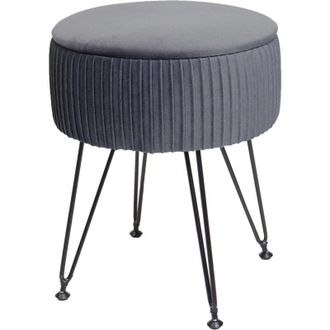Mendler Mendler - Pouf HWC-K47 compartiment de rangement ø 33cm aspect velours gris clairs piètement noir