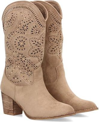 Shoes & Blues Bottes style cowboy pour femme, design &eacute;l&eacute;gant avec motifs floraux et petites appliques m&eacute;talliques, talon large et confortable. Fermeture &eacute;clair id&eacute;a