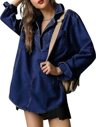 Generic Veste en jean oversize pour femme, col V, boutons, chemise en jean &agrave; manches longues, style d&eacute;contract&eacute; printanier, bleu marine, taille XXL