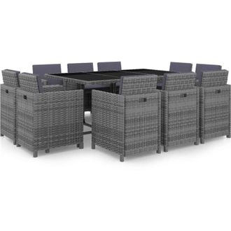 vidaXL 11-tlg. Garten-Essgruppe mit Auflagen Poly Rattan Grau Vidaxl