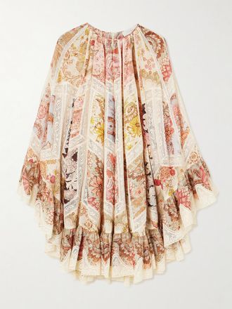 Zimmermann Mini-robe En Coton Imprimé À Finitions En Dentelle Daylight Flutter - Orange